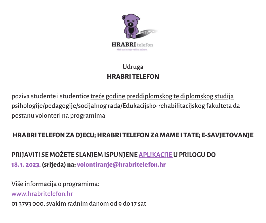 Pozivamo studente da postanu volonteri Hrabrog telefona!